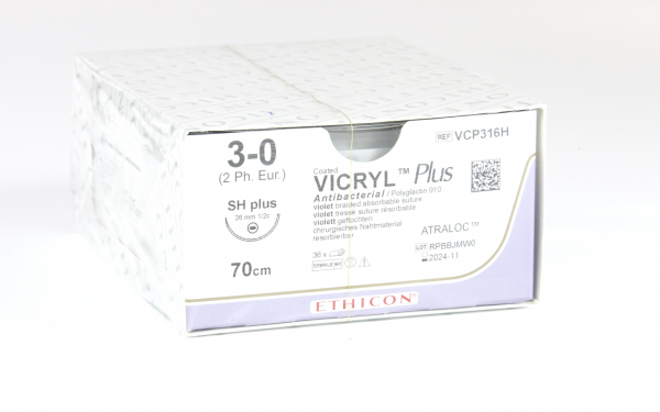 Nahtmaterial Vicryl Plus violett gefl., 3-0, Nadel SH-Plus, 70 cm Faden (3 Dtz.)